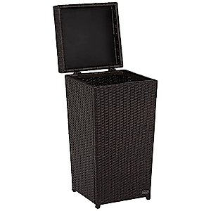 HomeStock Rustic Retreat Outdoor Wicker Trash Bin - Brown Finish, 16 x 16 x 31.5 inches, Manual Lift Lid, Sturdy Steel and Wicker Construction, Modern Patio/Lawn/Porch Trash Bin Brown