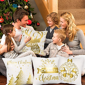 4 Pack Christmas Decorations Gold White Pillow Covers 18x18 Inch Soft Velvet Christmas Throw Pillow Covers with Christmas Tree Reindeer Snowflakes Gold Pillowcase for Christmas Winter Decorations
