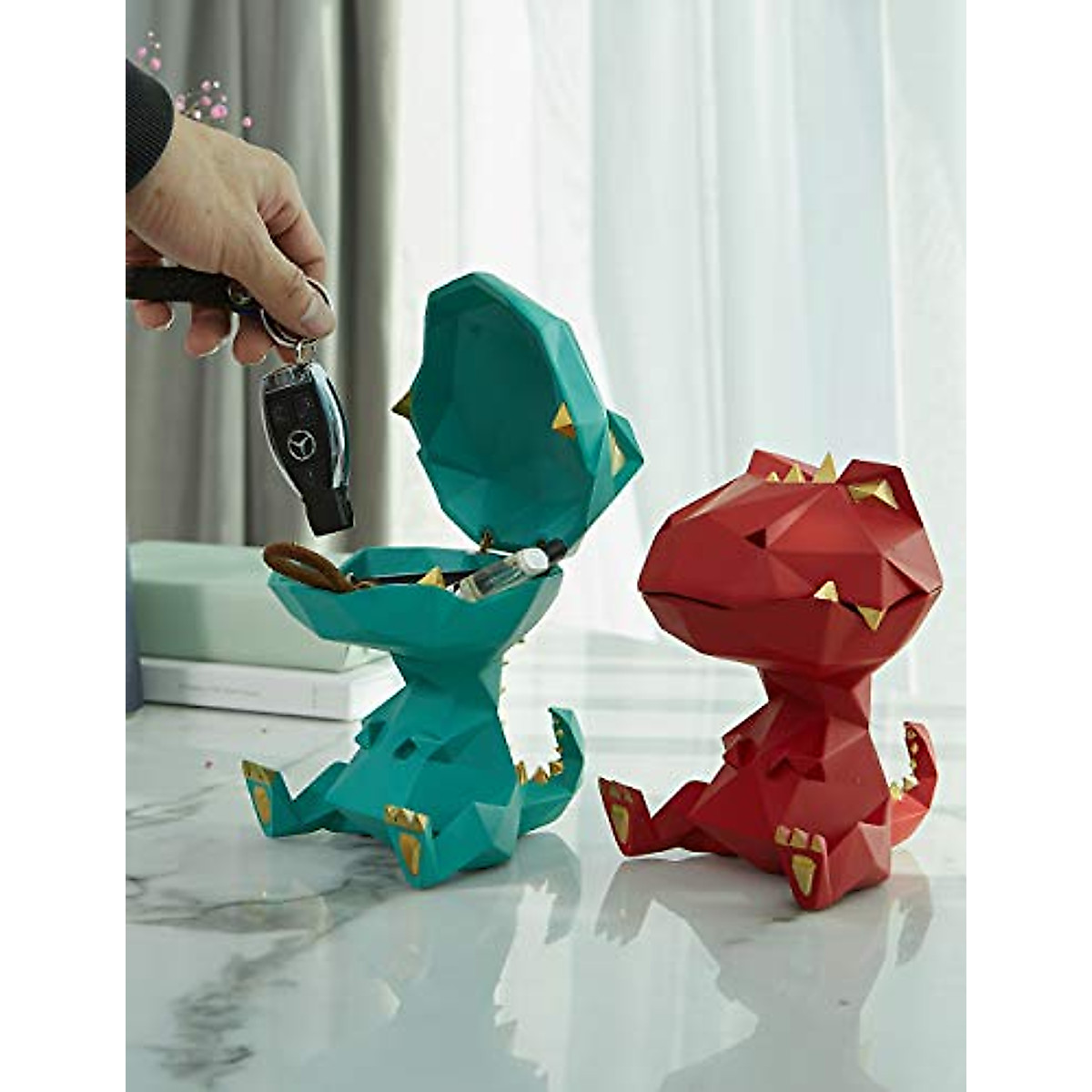 HAUCOZE Candy Dish Cookie Jar Dinosaur Gifts Sculpture Statue Decor Polyresin Figurine Green 7.1 inch