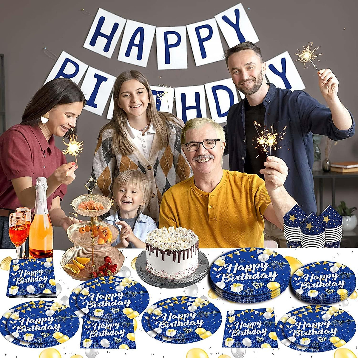49 Pcs Navy Blue Birthday Party Tableware Set Blue Gold Birthday Party Supplies Navy Blue Plates,Napkins,Tablecloth Table Decorations for Men Women Birthday Graduation Party,Serves 16