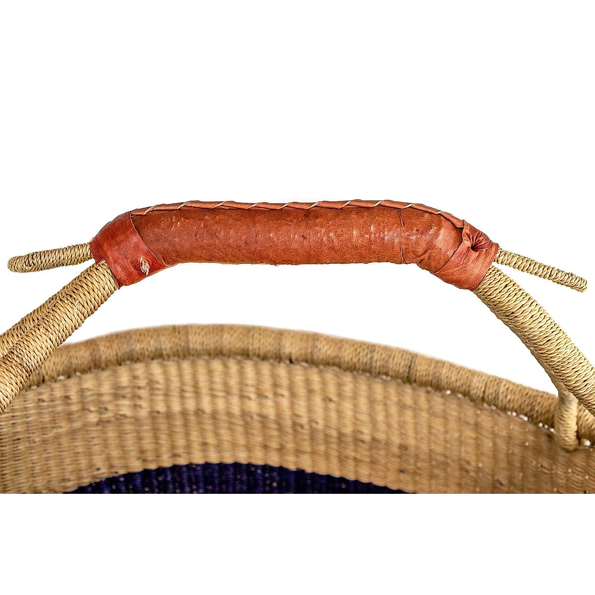 The Bead Chest African Bolga Basket | Genuine Leather Handle | Woven Handmade Fair Trade Product | 100% Authentic Ghanaian | 16-18 Inches Across | Indigo Blue - Striped