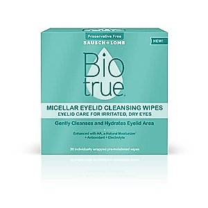 Biotrue Micellar Eyelid Care for Irritated and Dry Eyes Cleansing Wipes, Preservative Free, from Bausch + Lomb, Multi, 30 Count