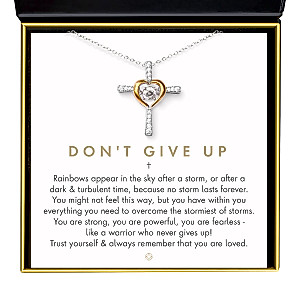 Aphrodite's Encouragement Gifts for Women, Cross Necklace Gift for a Fighter, Don’t Give Up,Dancing Crystal Heart Cross Necklace Gift Set, 925 Sterling Silver, Sterling Silver, Cubic Zirconia