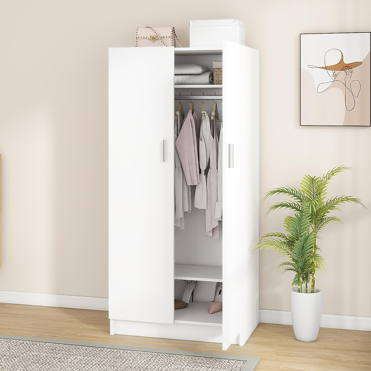Panana 2 Door Wood Wardrobe Cabinet Closet with Hanging Rail and 2 Shelves, Bedroom Armoire for Storage (White)