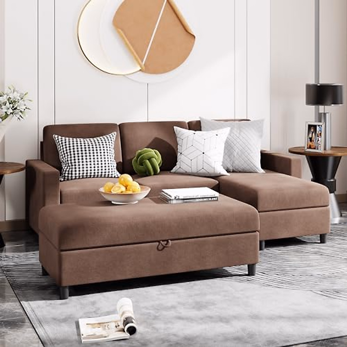 JAMFLY 79'' Sectional Sofa Couch with Storage Ottoman, Living Room Furniture Set Small Deep Convertible Sofa, L-Shaped Couch Wide Reversible Chaise with Linen Fabric (Brown)