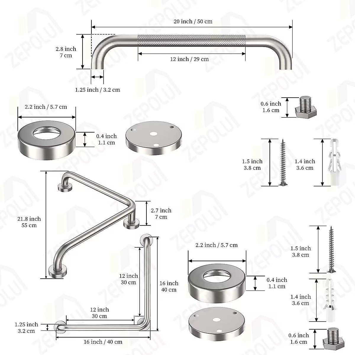 Brushed Nickel Angled Grab Bar 16 Inch, Zepolu Stainless Steel L-Shaped Safety Grab Rail, Bathroom Mobility Aid Handrail, Wall Mounted Balance Support Assist Shower Handle for Senior Elderly Handicap