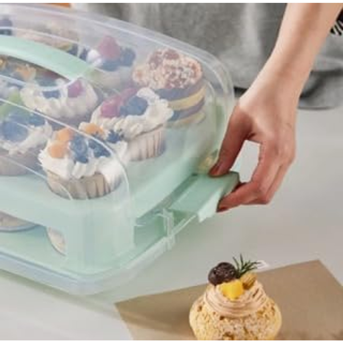 Top Shelf Elements Cupcake Carrier, Fashionable Green Cupcake Holder Carries 24 Standard-Size Cupcakes, Durable Muffin Traveler Two Tier Stand and Reusable Cupcake Box