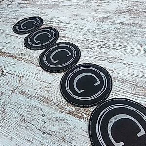 Round Handmade Coasters - Personalized Coasters Set of 6 - Custom Engraved Barware Decorations - Leather Bar Decor - Man Cave Father's Day Present (Black/Silver)