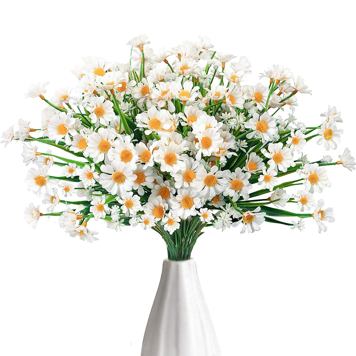 8 Bundles Artificial Daisy Flowers Fake White Daisies Plants Greenery Stems UV Resistant Cemetery Flowers for Spring Decor Outdoors Indoor Party Garden Hanging Planter Window Box Decorations
