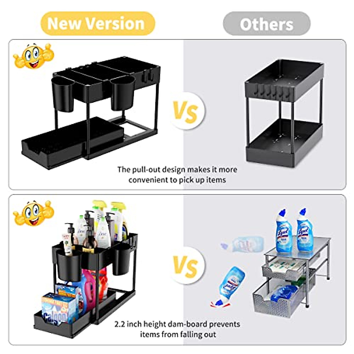 Under Sink Organizers 2 Pack, 2 Tier Sliding Under Bathroom Cabinet Storage Drawer Organizer with Hooks, Hanging Cup, Dividers for Bathroom, Kitchen Multi-Purpose, Under Sink Organizers and Storage