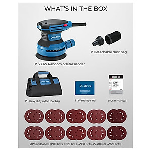 Dong Cheng 5-Inch Random Orbital Sander 380W 12800OPM Electric Palm Sander, 6 Variable Speeds, with 20pcs Sandpaper & Detachable Dust Bag, Power Sander for Woodworking, Sanding & Polishing