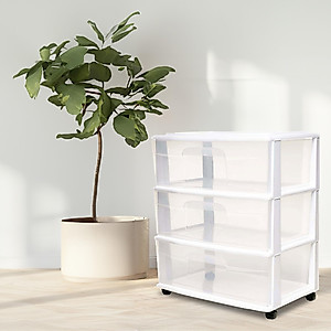 HOMZ Drawer Tower, 3-Tier Wide Clear Plastic Storage Organizer Cart, White Frame