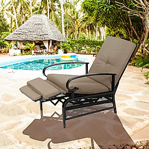 Oakcloud Adjustable Outdoor Lounge Chair Metal Patio Relaxing Recliner Chair with Removable Cushions(Brown)