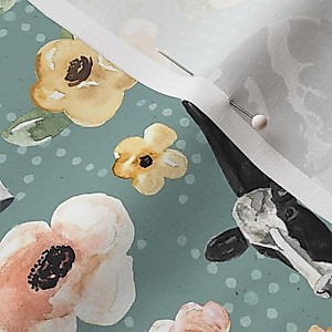 Spoonflower Fabric - Farmhouse Blue Cows Flowers Large Pink Floral Dots Spring Watercolor Printed on Petal Signature Cotton Fabric by The Yard - Sewing Quilting Apparel Crafts Decor