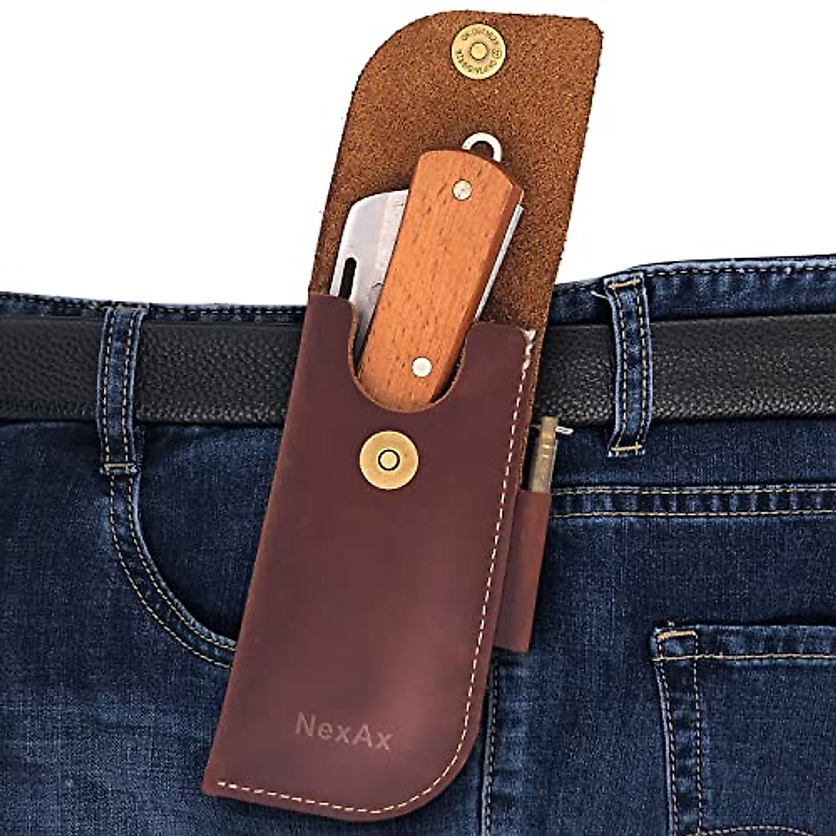 Leather Pocket Knife Sheath, Belt Leather Sheath for Folding Knife (Dark Brown)
