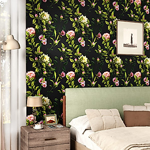 HotDecor 24"x118" Dark Floral Wallpaper Peel and Stick Pink Peony Wallpaper for Bathroom Wall Paper Waterproof Decorative Floral Contact Paper for Walls Cabinets Daisy Botanical Flower Wallpaper