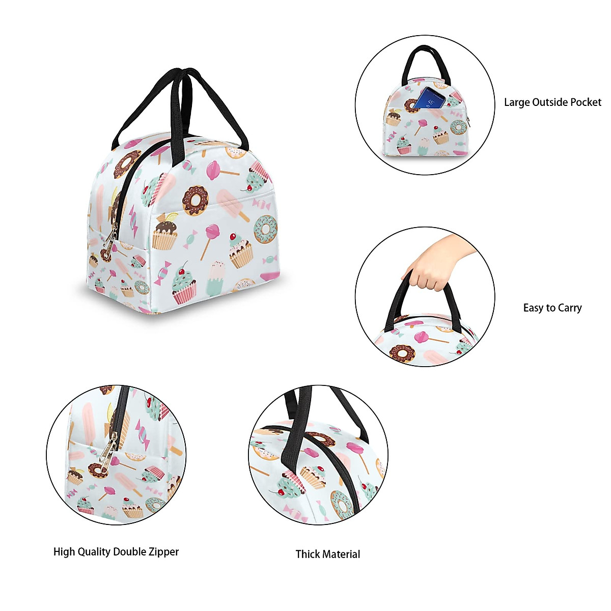 DJYQBFA Cupcake Donuts Lollipop Icecream Lunch Bag Reusable Soft Lunch Box for Adult Kids Insulated Meal Tote Kit Lunch Containers for Work School Picnic Outdoor