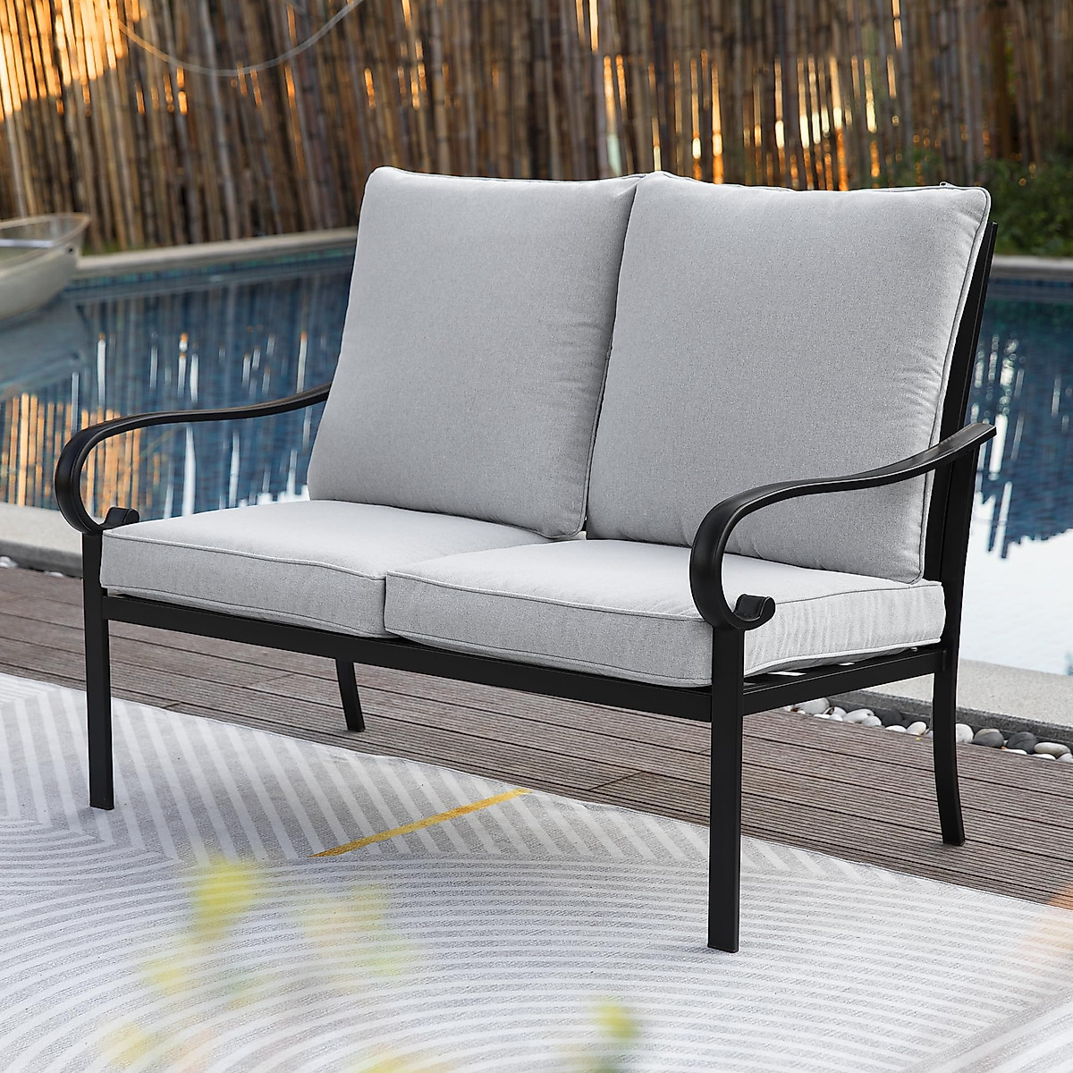 MEOOEM Patio Sofa Conversation Furniture Outdoor Loveseat with Table, Metal Frame with Gray Cushions for Porch Balcony Deck