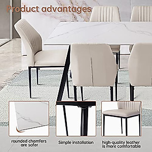Zerifevni Dining Table Set for 6, Modern White Dining Table Sintered Stone Rectangula Table & 6 Dining Chairs (1 Table 6 Beige Chairs)