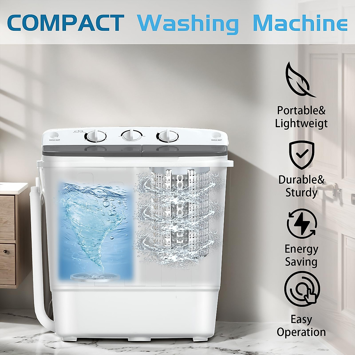 Portable Twin Tub 18lbs Washing Machine, Buy (washer) Get (Dry Rack+10 Hangers) Free! Mini Compact Laundry Lavadora Portatil, Twin Tub 11lbs Washer & 9lbs Spinner, Clothes Washing Machines