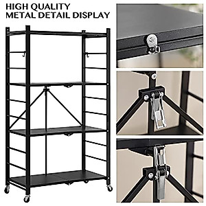 Foldable 4-Tier Heavy Duty Metal Storage Rack with Wheels, Organizer Shelves for Garage Kitchen, Easy Assembly, Freestanding Wire Shelf Rack for Pantry, Basement, and Closet Organization, Black