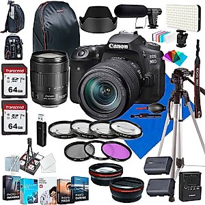 Canon EOS Rebel 90D DSLR Camera with 18-135mm+Commander Starter Kit+Lens Filters+Backpack+LED Light+Software+Shot-Gun Microphone+2x64Memory Cards+Tripod (33PC) (Renewed)