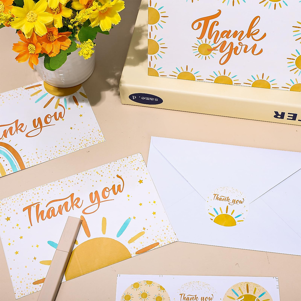 Whaline 30 Packs Boho Sun Thank You Cards Retro Sunshine Greeting Cards with Envelopes and Stickers Here Comes the Son Blank Note Cards for Baby Shower Birthday Party Supplies