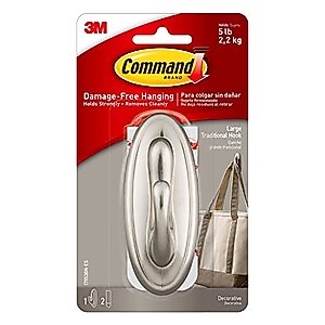 Command Large Traditional Plastic Hook, Brushed Nickel, 1-Hook, 2-Strips, Organize Damage-Free