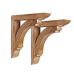 American Art Decor Small Distressed Carved Wood Decorative Corbels Wall Mounted Shelf Brackets Vintage Antique Victorian Rustic Farmhouse Shabby Chic Decor, Natural, Set of 2, 6.6" H x 6.6" L x 1.2" D