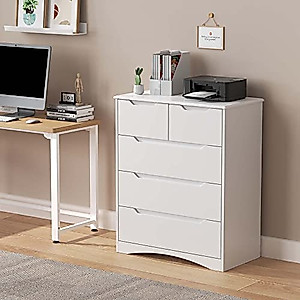 Gizoon 5 Drawers Chest, White Bedroom Drawer Dresser and Organizer with Large Storage Capacity, Embedded Handle, and Sturdy Anti-tripping Device, Modern Design Cabinet for Hallway, Office, Living Room