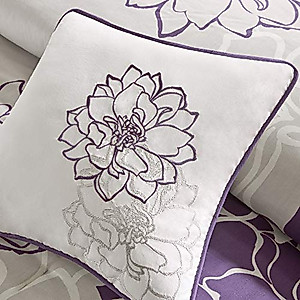 Madison Park Lola 100% Cotton Duvet Set Beautiful Floral Pattern, Ruffle Border Design All Season, Breathable Comforter Cover Bedding, Matching Shams, Full/Queen(90"x90"), Purple/Grey 6 Piece