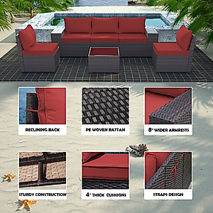 Gotland Outdoor Patio Furniture Sets 6 Piece Patio Sectional Furniture All-Weather Outdoor Patio Sofa PE Wicker Backyard Deck Couch Conversation Chair Set with Table & 5 Red Thickened Cushions