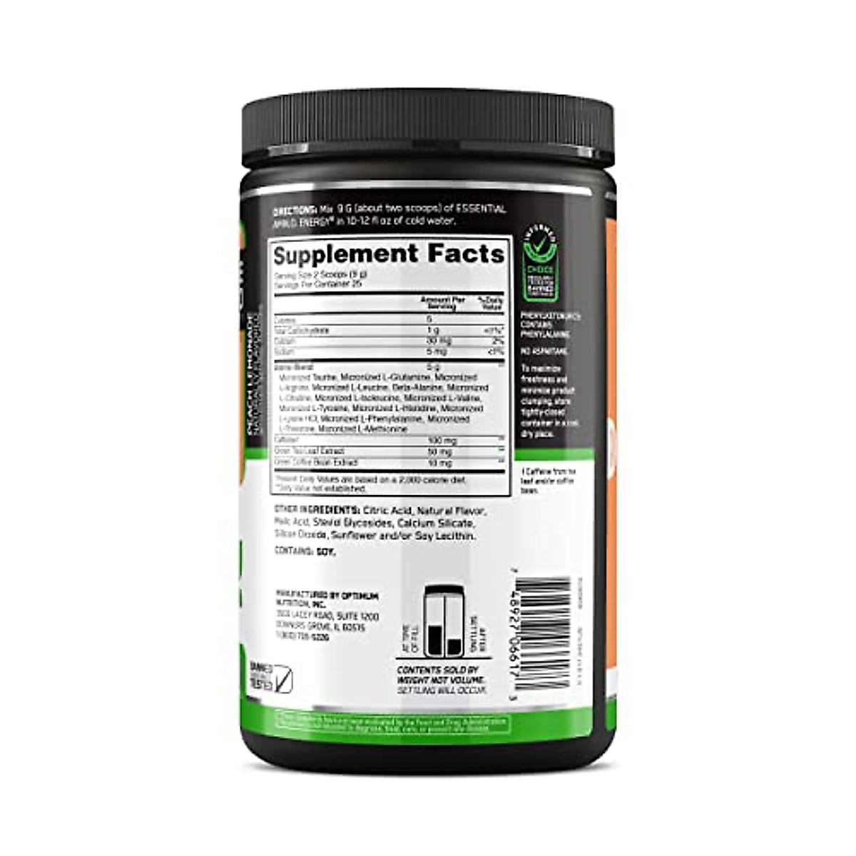 Optimum Nutrition Amino Energy Naturally Flavored Powder, Pre Workout, BCAAs, Amino Acids, Keto Friendly, Green Tea Extract, Energy Powder - Peach Lemonade, 25 Servings