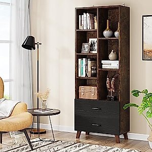 Tribesigns 5 Shelf Bookcase with 2 Drawers,5 Tier Mid-Century Modern Bookshelf, 7 Cube Library Bookcases, Standing Vintage Narrow Display Shelves for Bedroom, Living Room,Rustic Brown (1 PC)