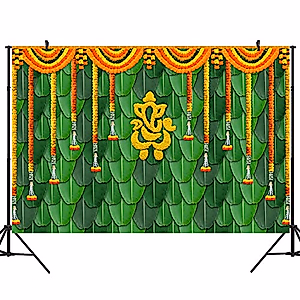 Ticuenicoa 9×6ft India Pooja Traditional Photography Backdrop Banana Leaf Green Chatiya Ganesh Background Marigold Puja Ganpati Wedding Photo Tapestry Booth Props
