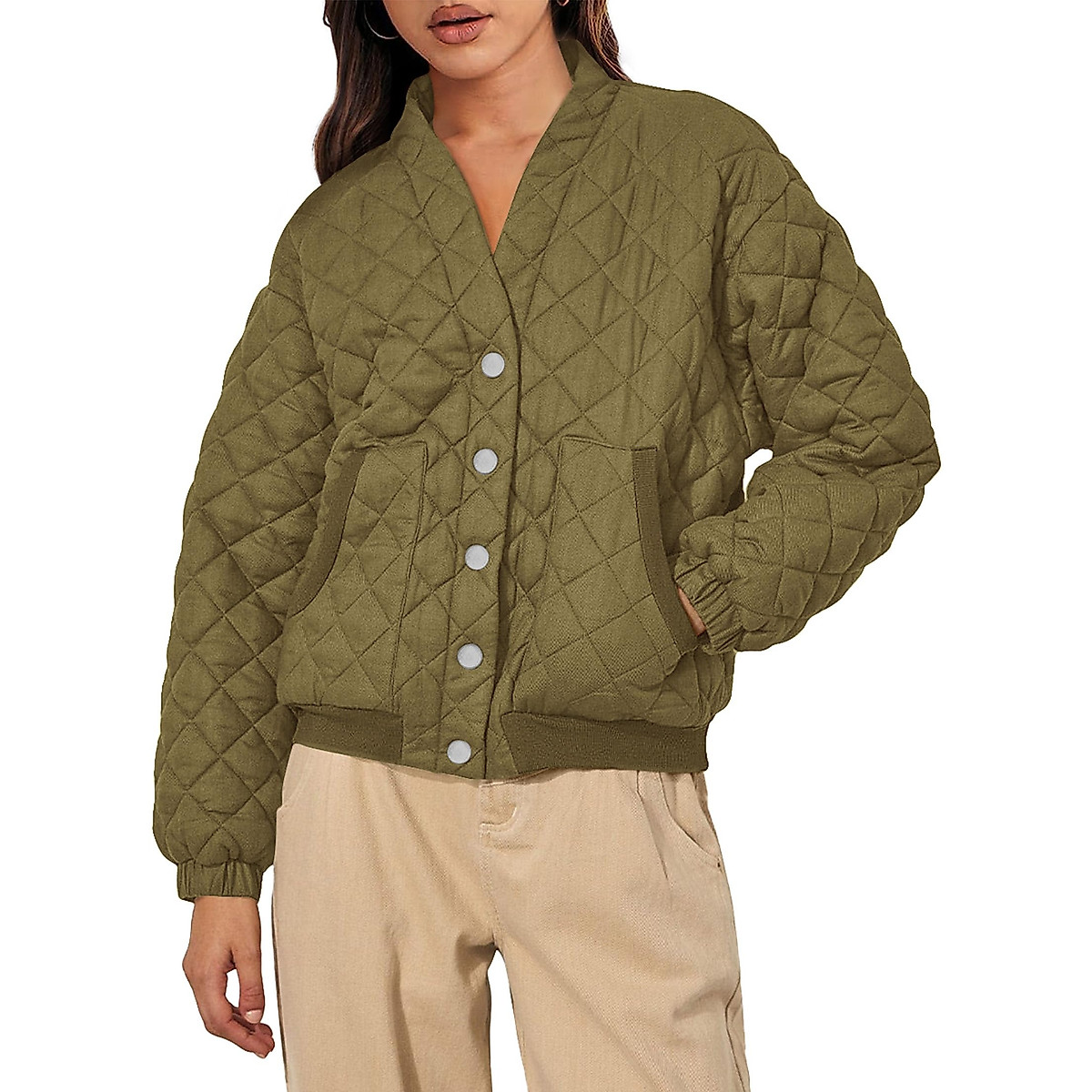 PRETTYGARDEN Women's 2024 Winter Trendy Jackets Button Down Long Sleeve Padded Warm Outerwear Fashion Coats with Pockets (Army Green,Small)