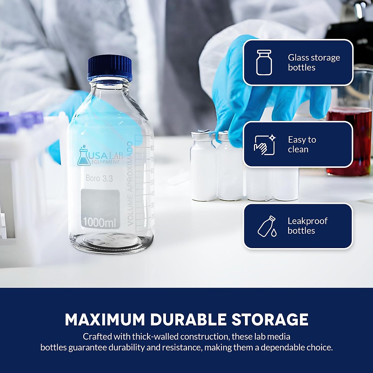 USA LAB 2000 ML Round Media Bottle with GL45 Screw Cap, Clear 3.3 Borosilicate Glass Bottles for Scientific Solution Storage, Multi Purpose Science Labs Solvent Container
