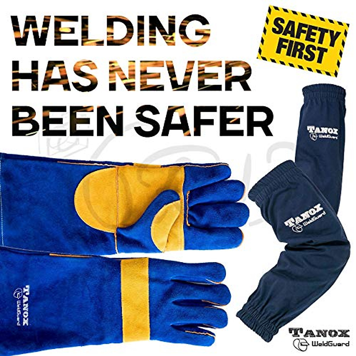 Leather Forge Welding Gloves Heat/Fire Resistant, Mitts16 inch long for Oven/Grill/Fireplace/Furnace/Stove/Pot Holder/Tig Welder/Mig/BBQ/Animal handling glove with Bonus: protection sleeves – Blue