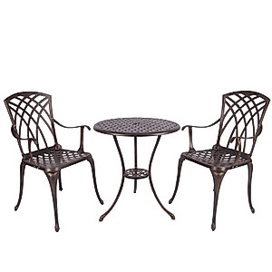 Polar Aurora 3 Piece Patio Bistro Set Cast Aluminum Bistro Table Set Outdoor Round Dining Table with Umbrella Hole for Porch, Lawn, Garden, Backyard, Pool,Bronze