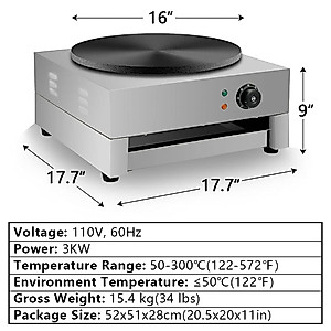 Crepe Maker Machine 16" Pancake big Hotplate Non Stick (Electric 3000W) Adjustable Temperature for Commercial