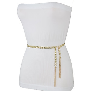 TFJ Women Fashion Belt Skinny Strong Metal Chain Link Fringes Wrap Around XS S M Gold