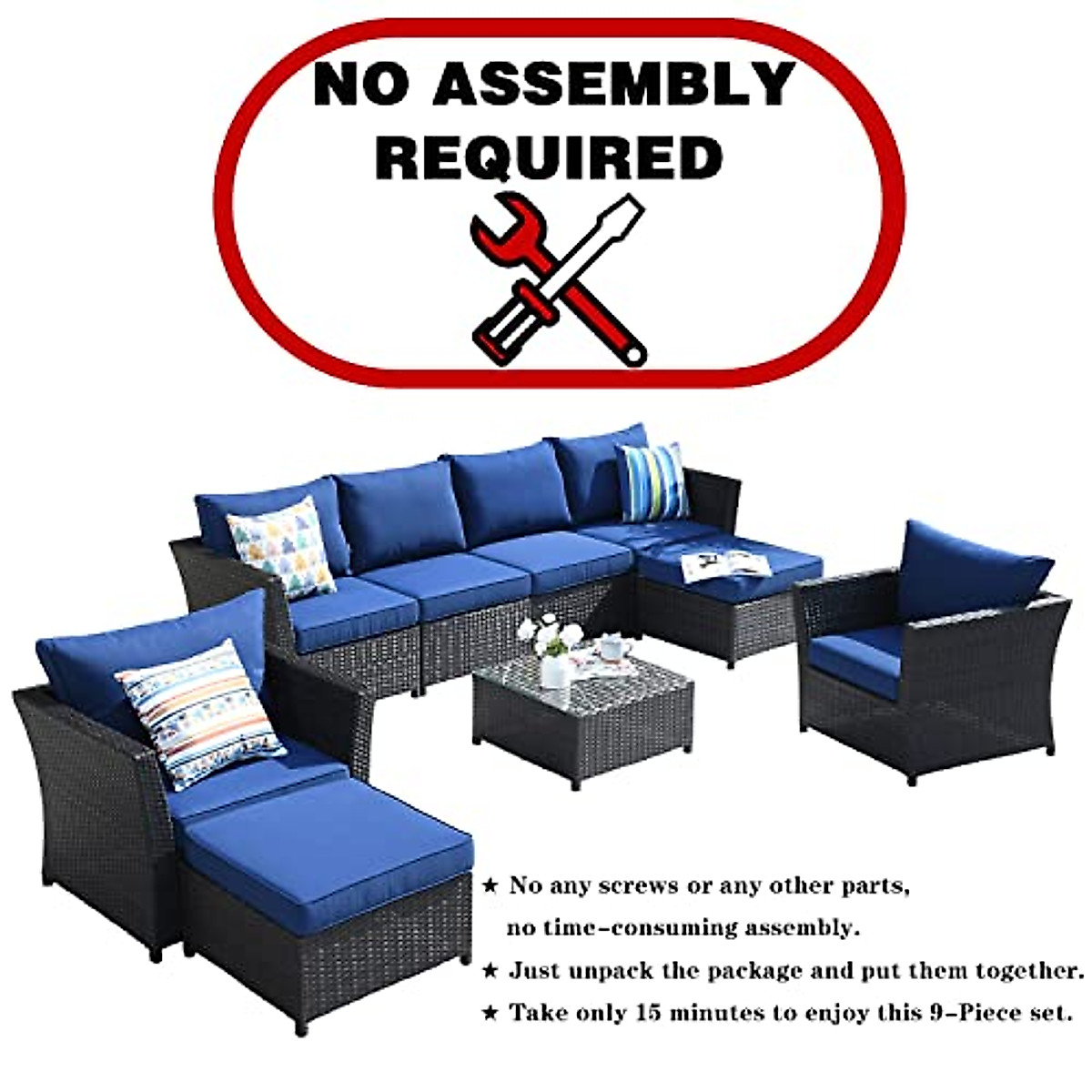 XIZZI Outdoor Patio Furniture No Assembly Required 9 PCS Patio Furniture Sets PE Rattan Wicker with 2 Pillows and Coffee Table, Backyard Patio Conversation Sets Sectional Sofa (Navy Blue)
