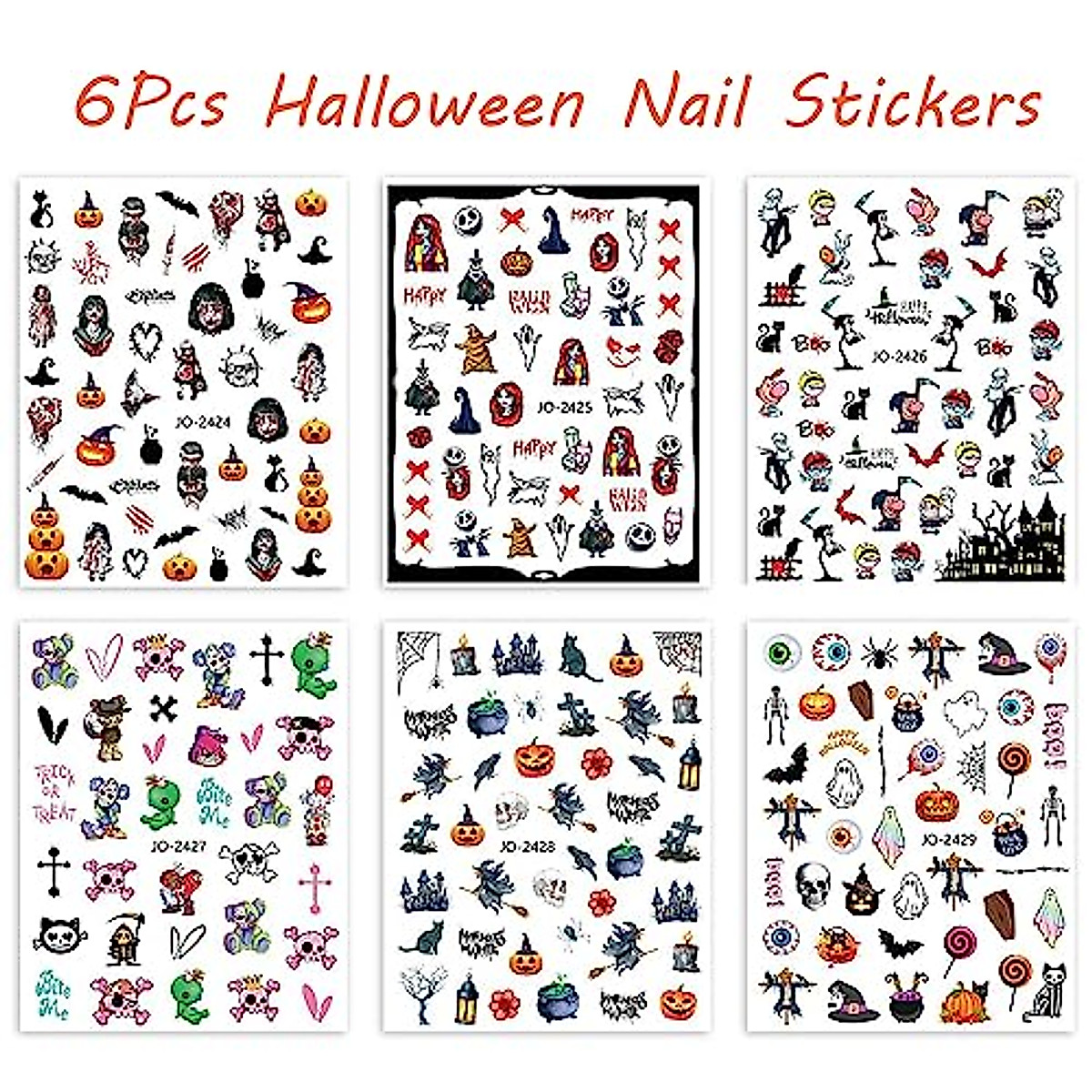 Halloween Nail Art Stickers Decals 6 Sheets Halloween Theme 3D Nail Stickers Halloween Nail Art Supplies Pumpkin Ghost Puppet Dolls Bats Terror Castle Witches Design Stickers for Women Kids