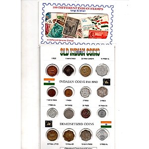 100 Different Republic India Definitive Stamps + 16 Pcs Different Old Indian Coins Superb Pack - Paise, Rupee, Gandhi Commemorative (1950-90) - Rare Historical Collectibles Set