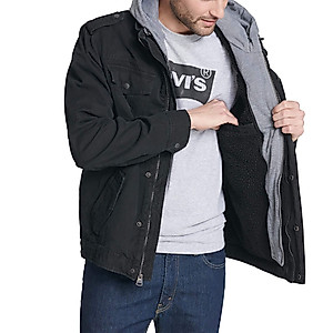 Levi's Men's Washed Cotton Military Jacket with Removable Hood (Standard and Big & Tall), Black, Medium