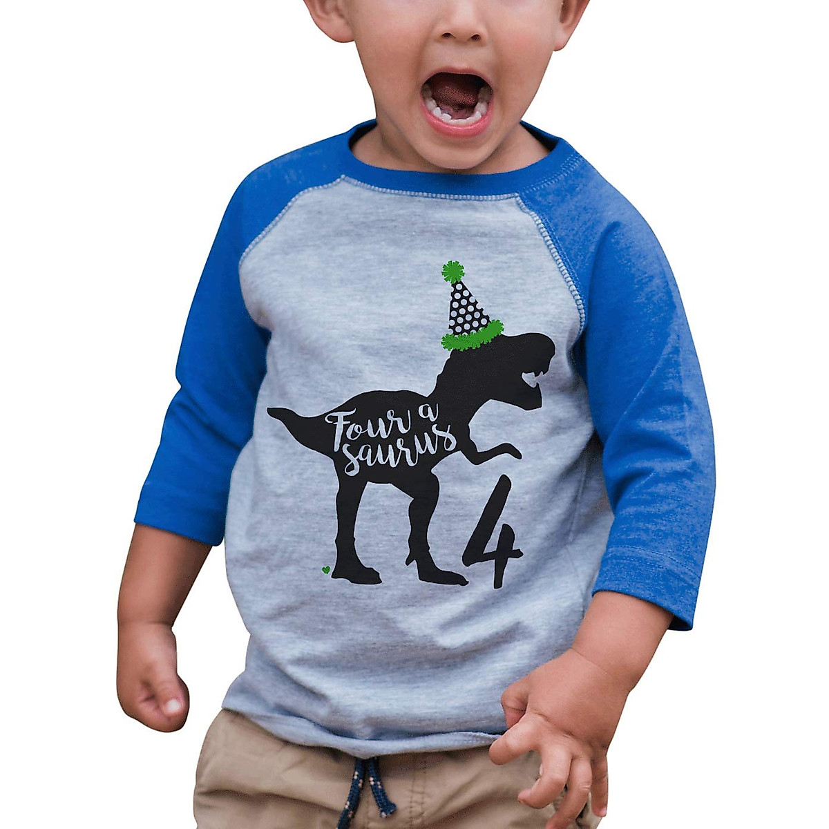 7 ate 9 Apparel Kid's Four 4 Fourth 4th Dinosaur Birthday Dino Blue Raglan Tee 4T