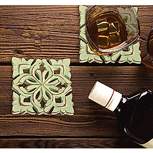 Farmhouse Decor Wood Coasters for Drinks - Kitchen Table Drink Coaster Set of 4 (Square Carved Blossom Sage Green)