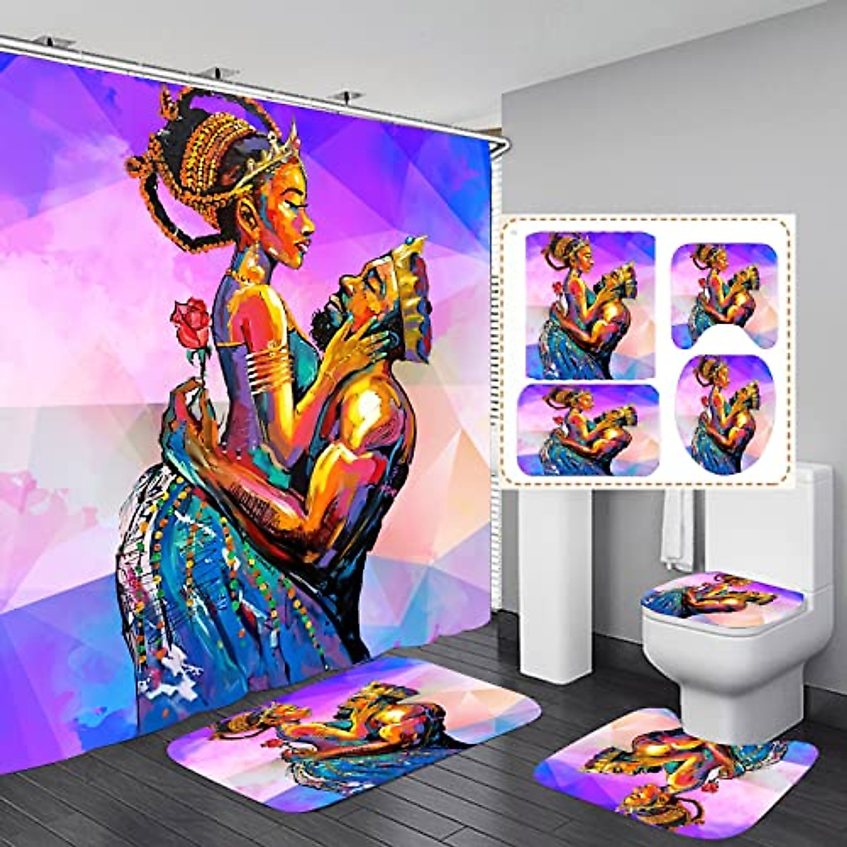 African American Woman Shower Curtains for Bathroom, 4PCS Bathroom Sets Include 1 Fabric Shower Curtain, 2 Non-Slip Bathroom Rugs and 1 Toilet Lid Cover, Black Girl Bathroom Decor