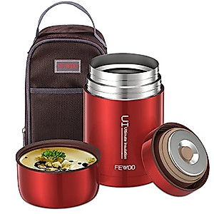 FEWOO Food Jar - 27oz Vacuum Insulated Stainless Steel Lunch Thermos, Leak Proof Soup Containers with bag for Hot or Cold Food (Red)