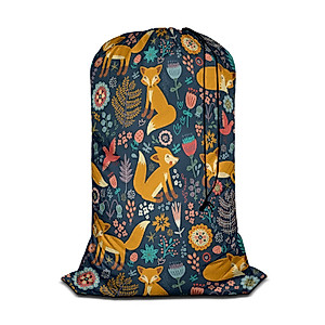 Swono Drawstring Portable Large Capacity Laundry Bags Fox Colorful Flower Jungle Wildlife Travel Storage Bags for Apartments, Vacations, Oxford Cloth, Animal Theme